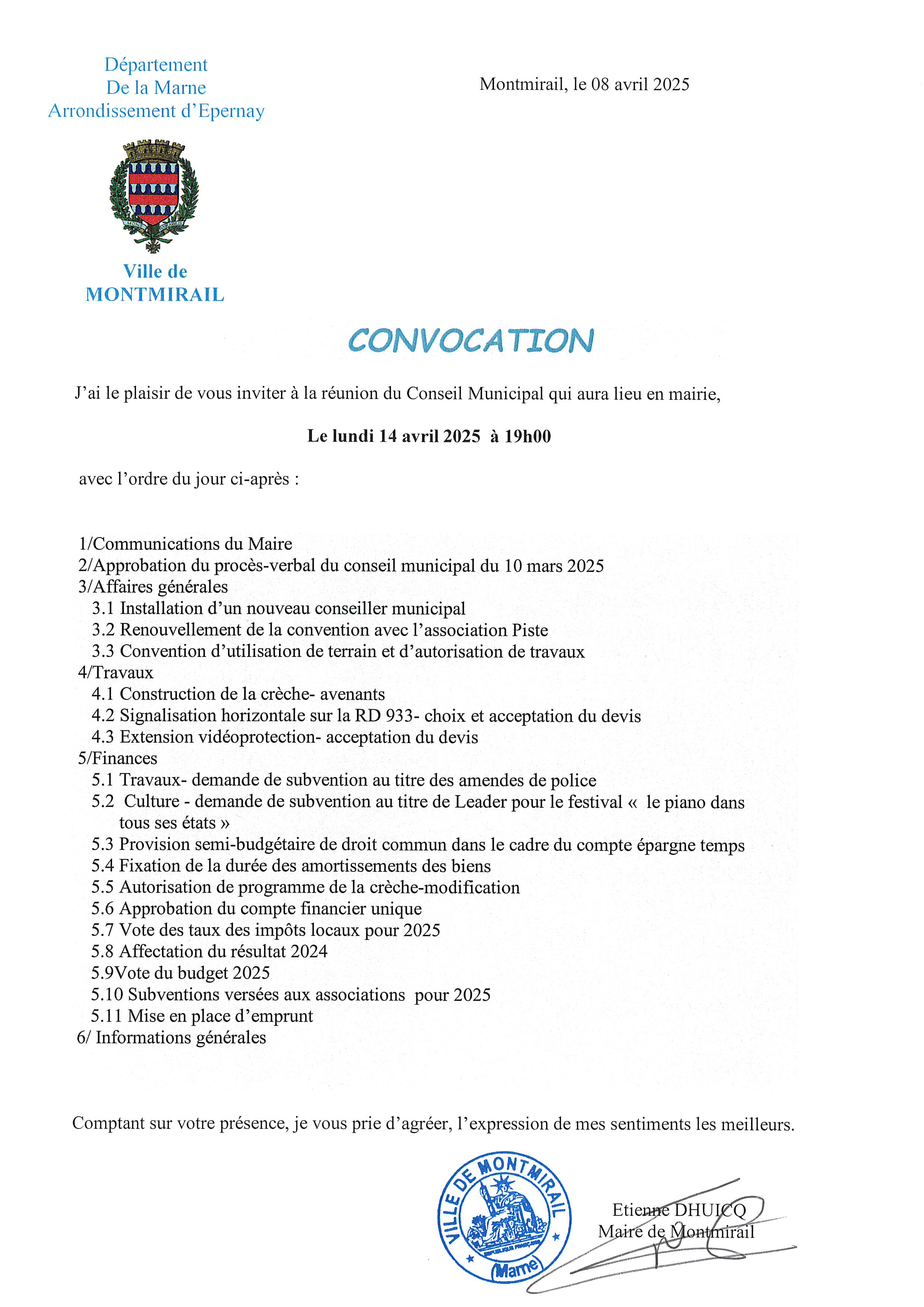 Convocation Conseil Municipal du 14 Avril 2025 | Montmirail