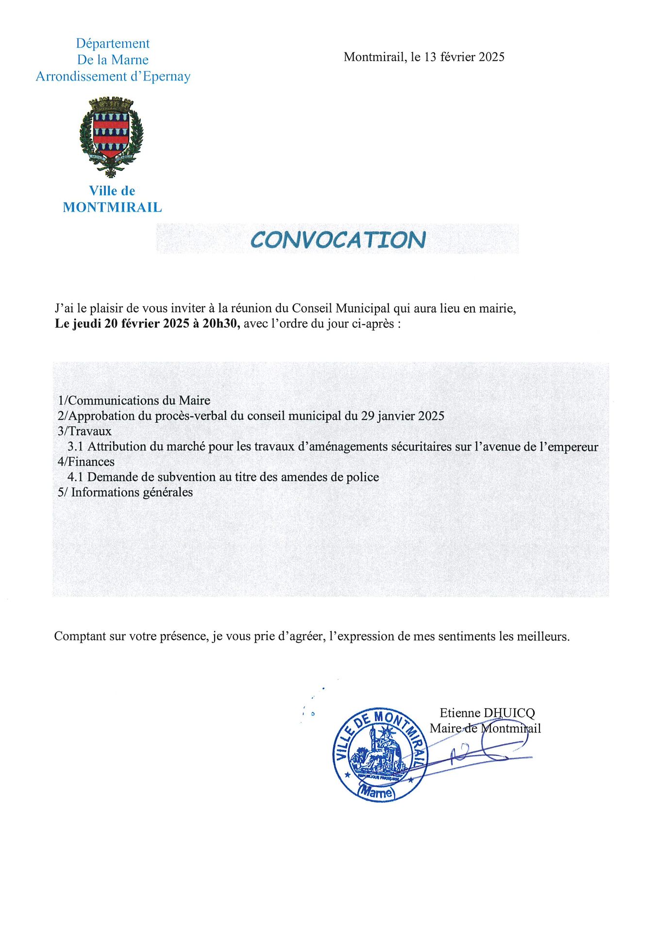 Convocation Conseil Municipal du 20 fevrier 2025 | Montmirail