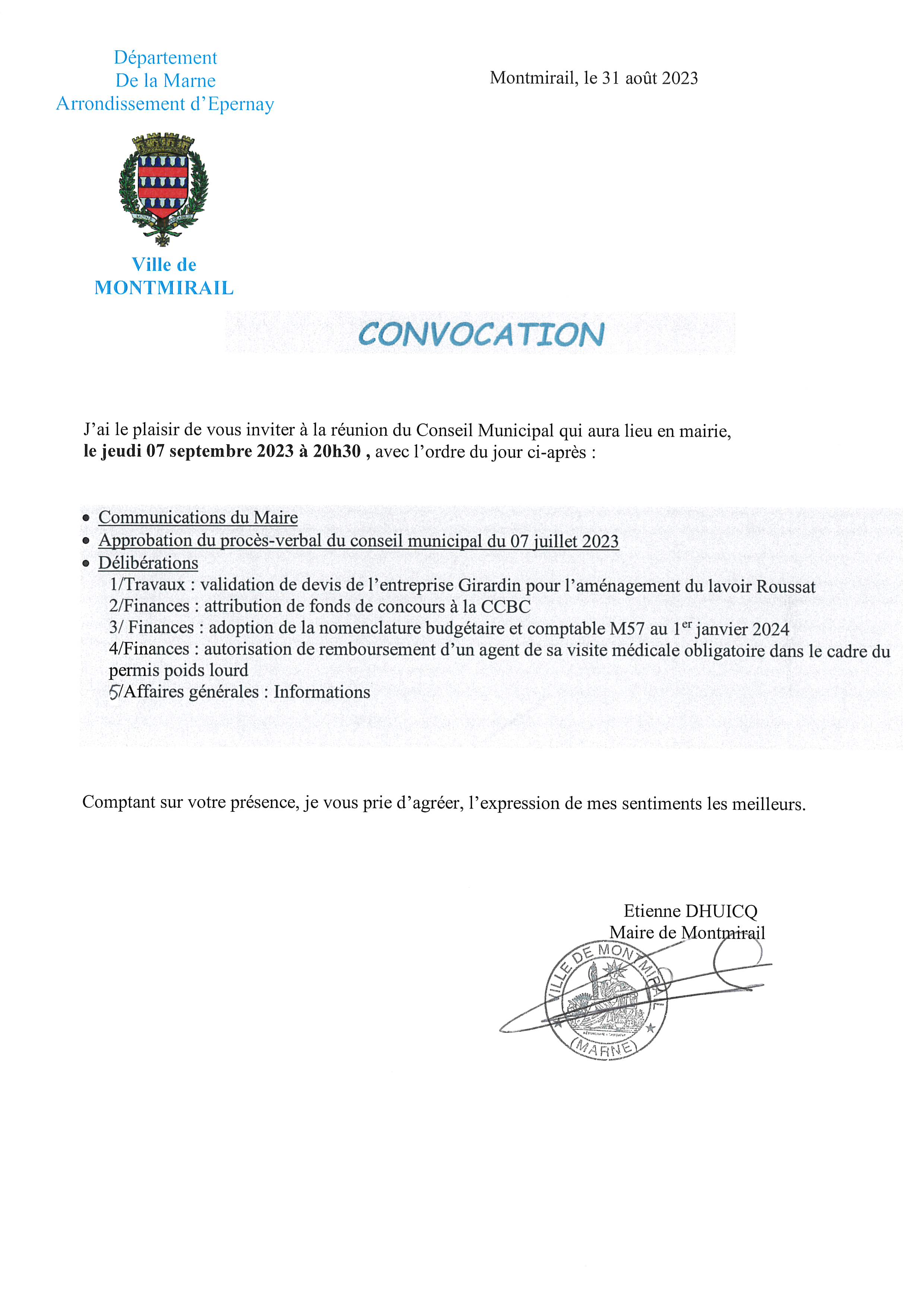 Convocation Conseil Municipal du 07 septembre 2023 | Montmirail