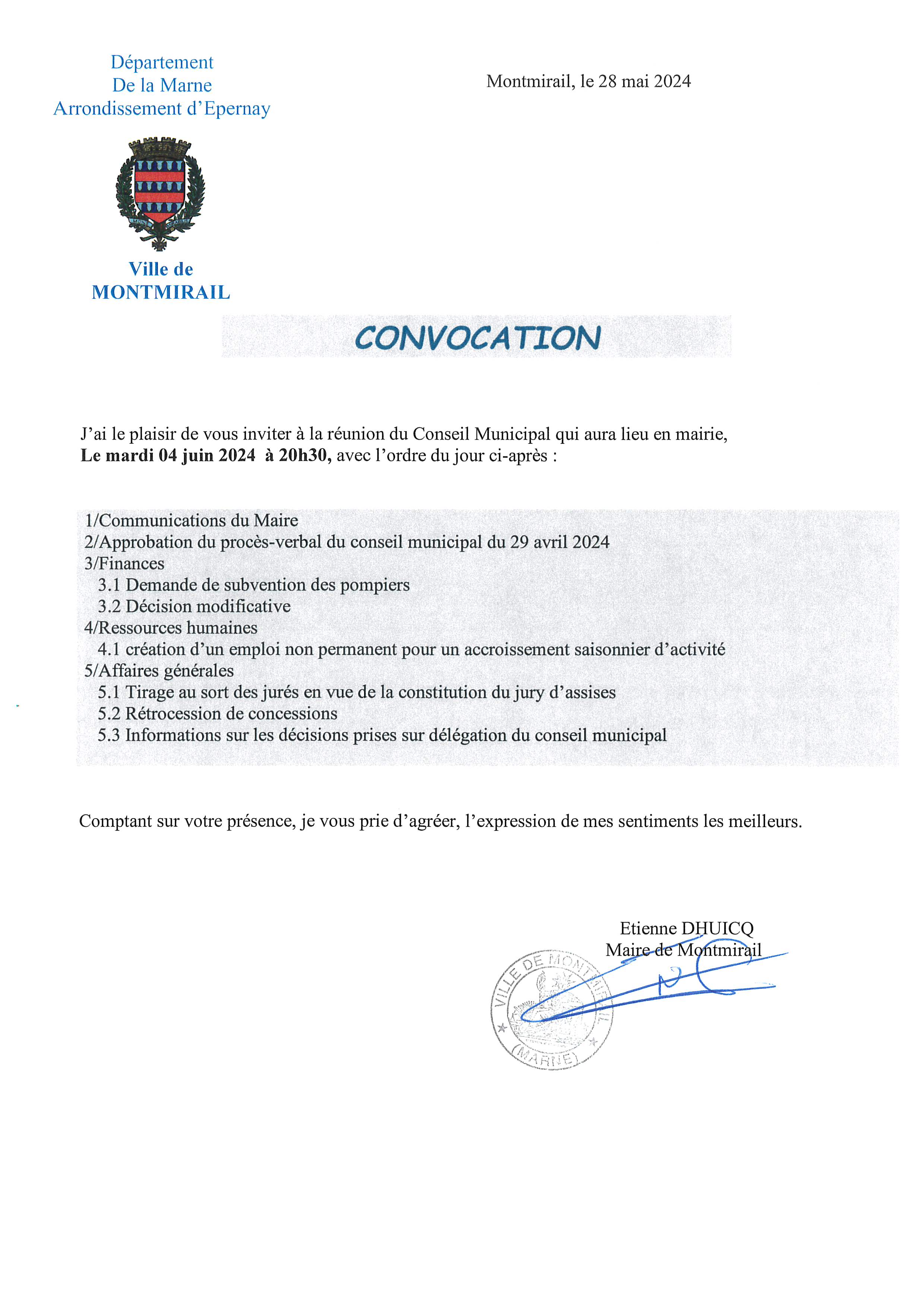 Convocation Conseil Municipal du 04 juin 2024 | Montmirail