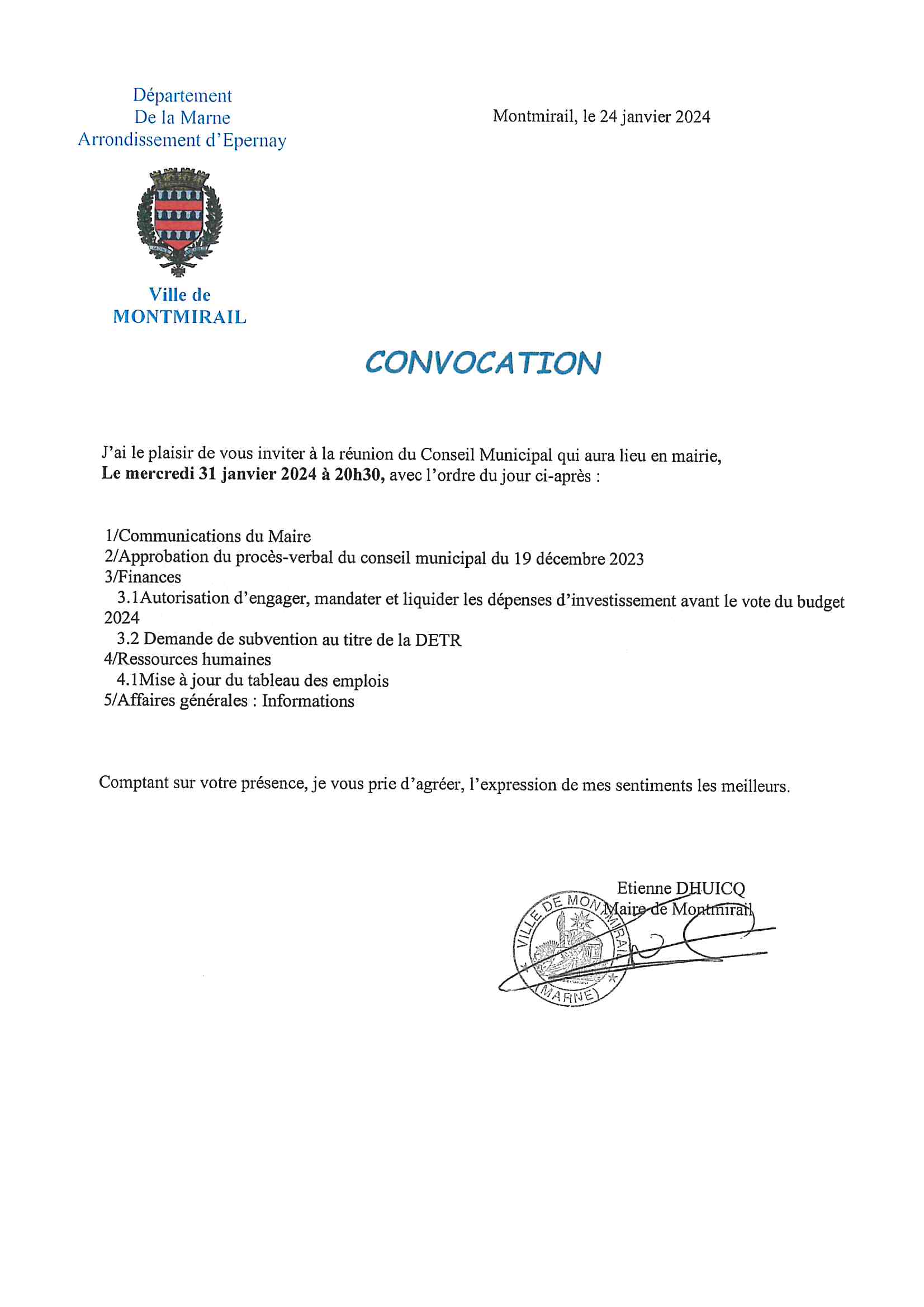 Convocation Conseil Municipal du 31 janvier 2024 | Montmirail
