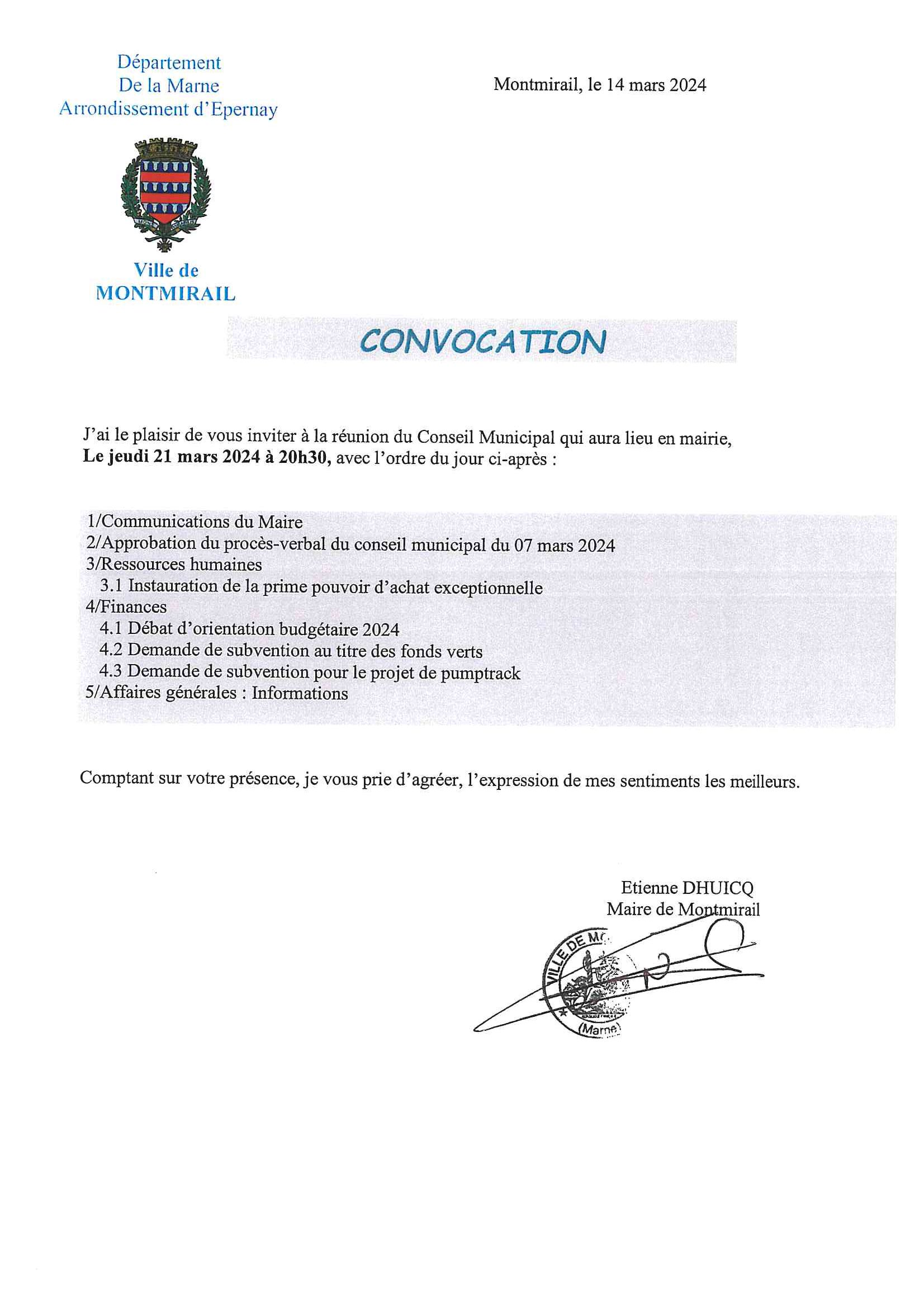 Convocation Conseil Municipal du 21 mars 2024 | Montmirail