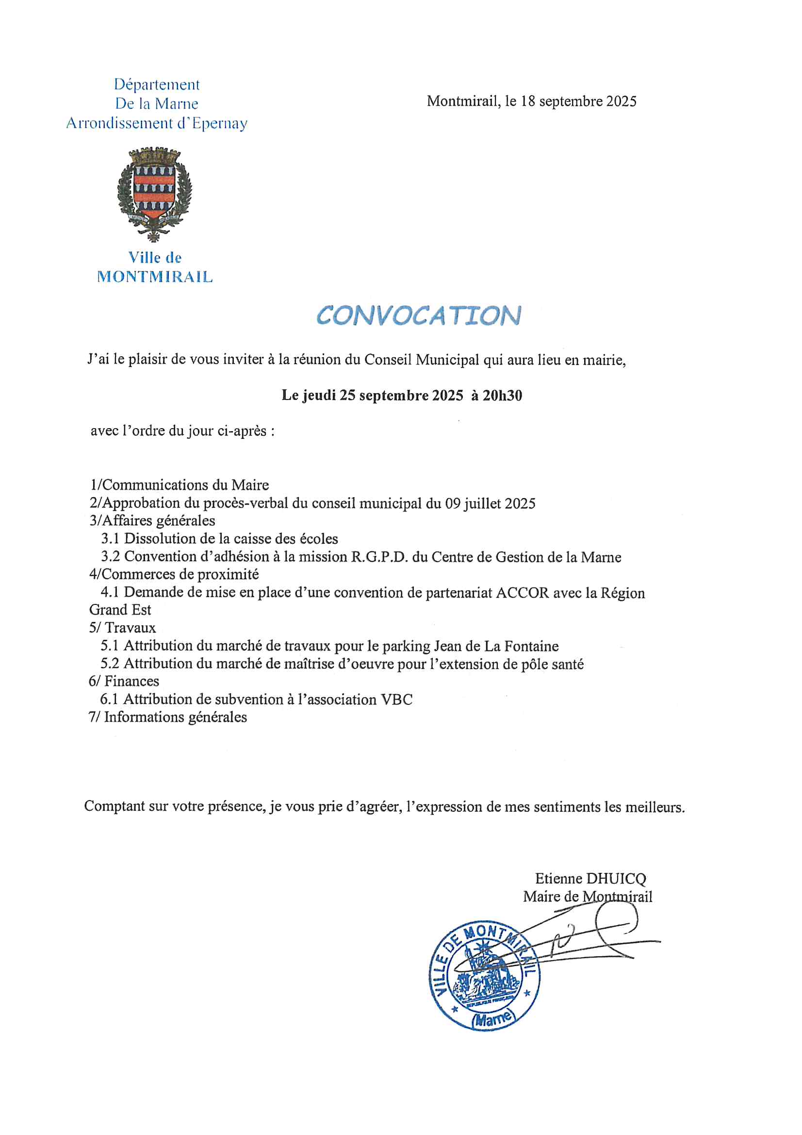 Convocation Conseil Municipal du 25 septembre 2025 | Montmirail