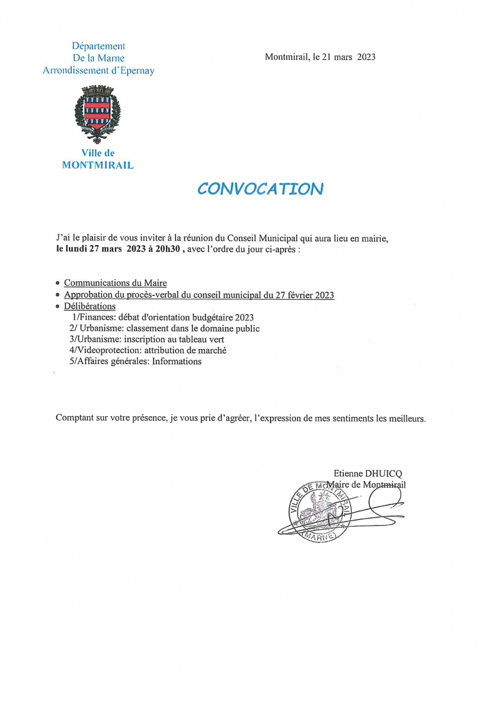 Convocation Conseil Municipal du 27 mars 2023 | Montmirail