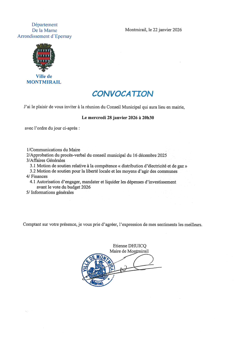 Convocation Conseil Municipal du 28 janvier 2026 | Montmirail